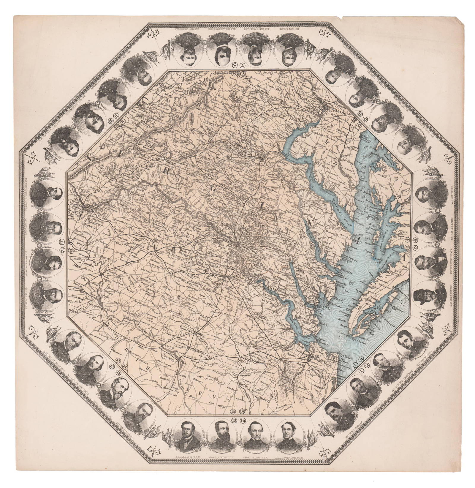 Rare Octagonal Map Of Virginia Ft. Portraits Of 32 Civil War Heroes Auction