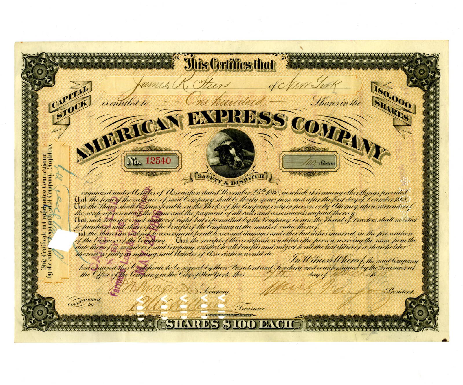 William G. Fargo Signed 1873 American Express Company Stock Certificate ...