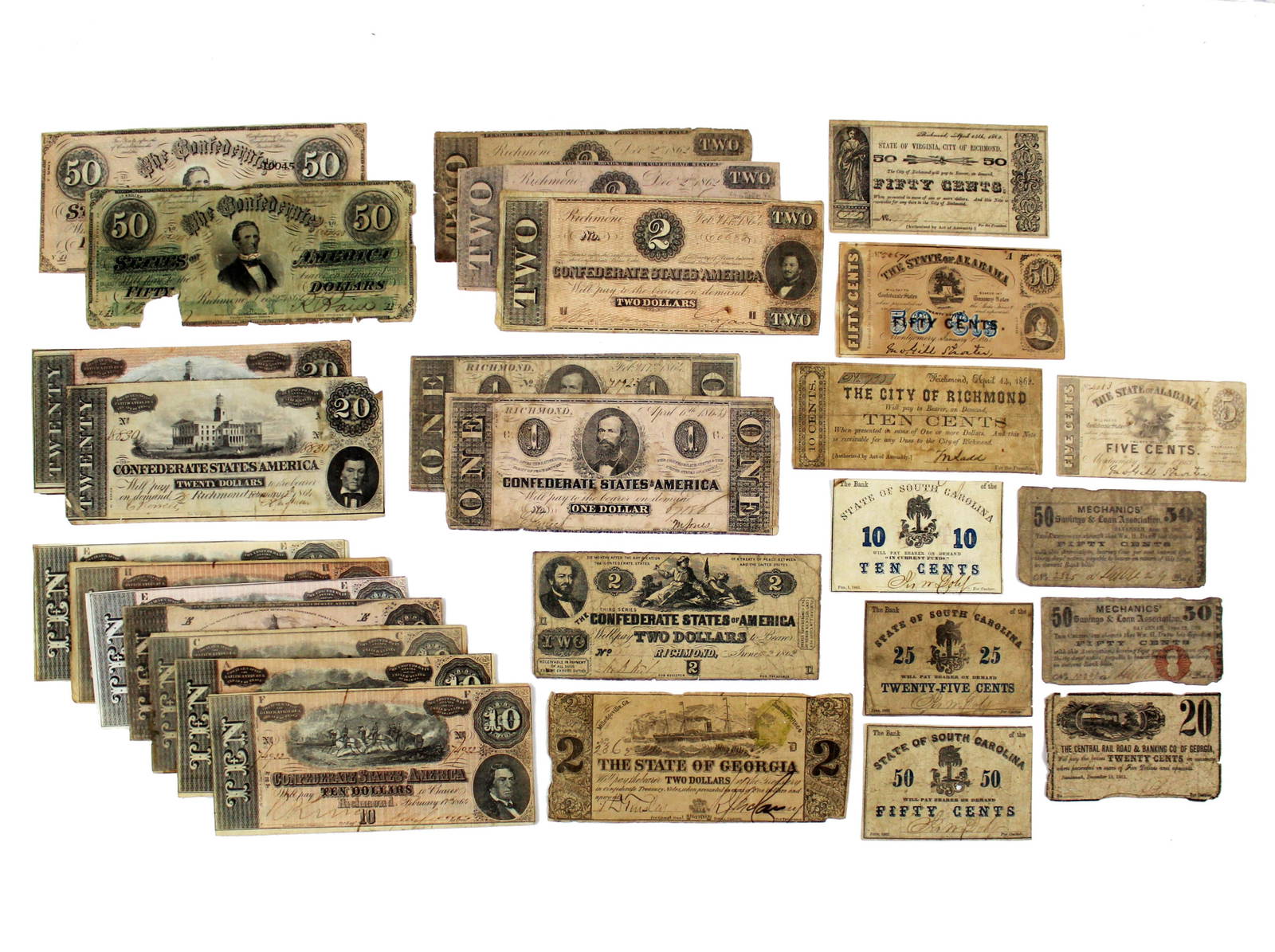 27 Southern & Csa Currency Notes, All War-dated Auction