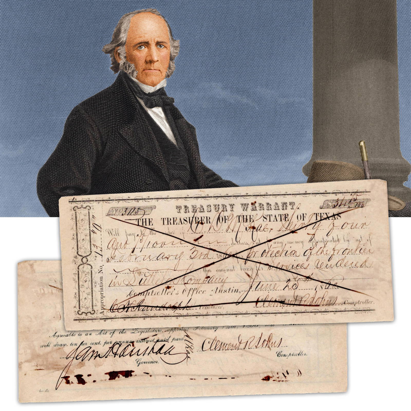 Governor Sam Houston Endorses Texas Treasury Warrant For Texas Ranger ...