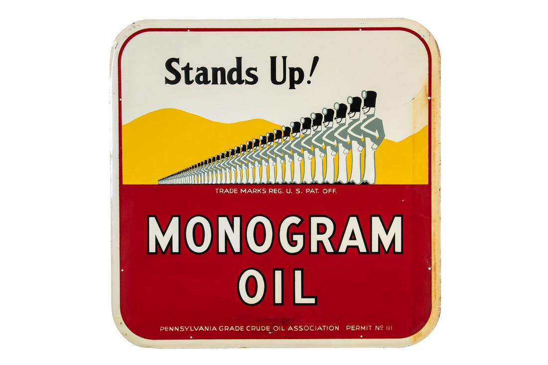 Monogram Oil Stands Up! Tin Sign - Aug 02, 2019 | Route 32 Auctions in IN