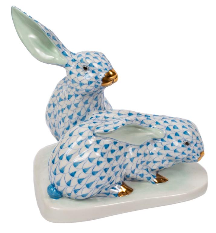 Herend Porcelain Large Pair Rabbits Sculpture