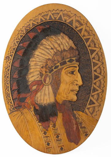 Flemish Art Pyrography Plaque, Native American