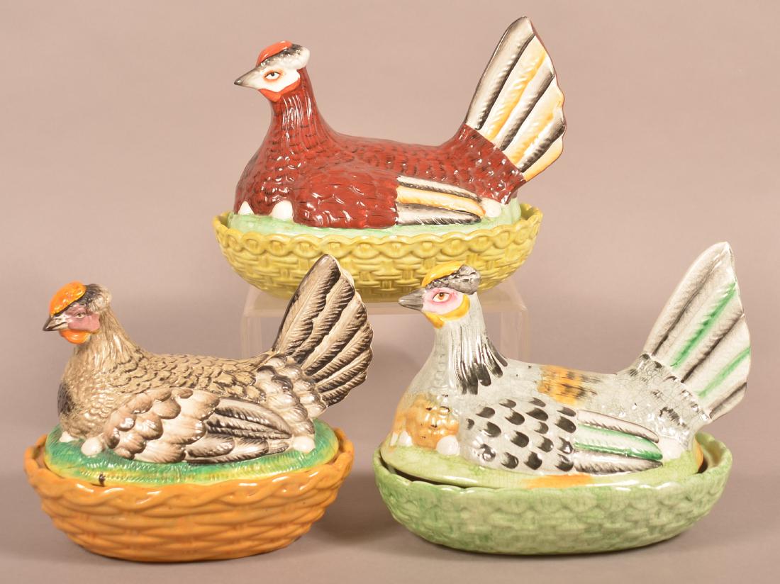 Three Various Ceramic Hen On Nest Covered Dishes.