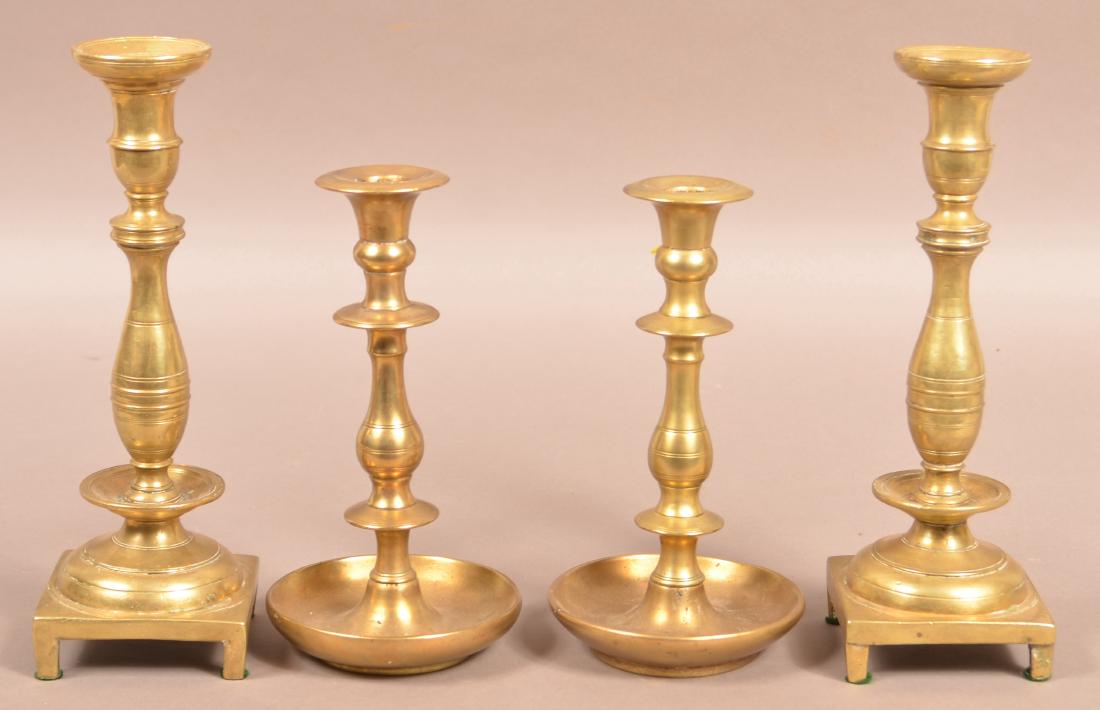 Two Pairs Of 19th Century Bell Brass Candlesticks.