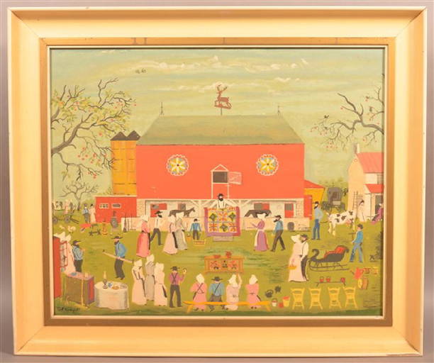 D. Ellinger Silk Screen Of An Amish Country Auction.