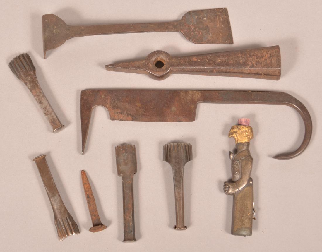 Nine Various Pieces Of Antique Iron Tools.