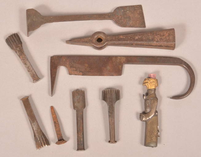 Nine Various Pieces Of Antique Iron Tools.