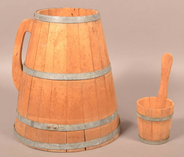 Wooden Stave Field Water Pail And Dipper.