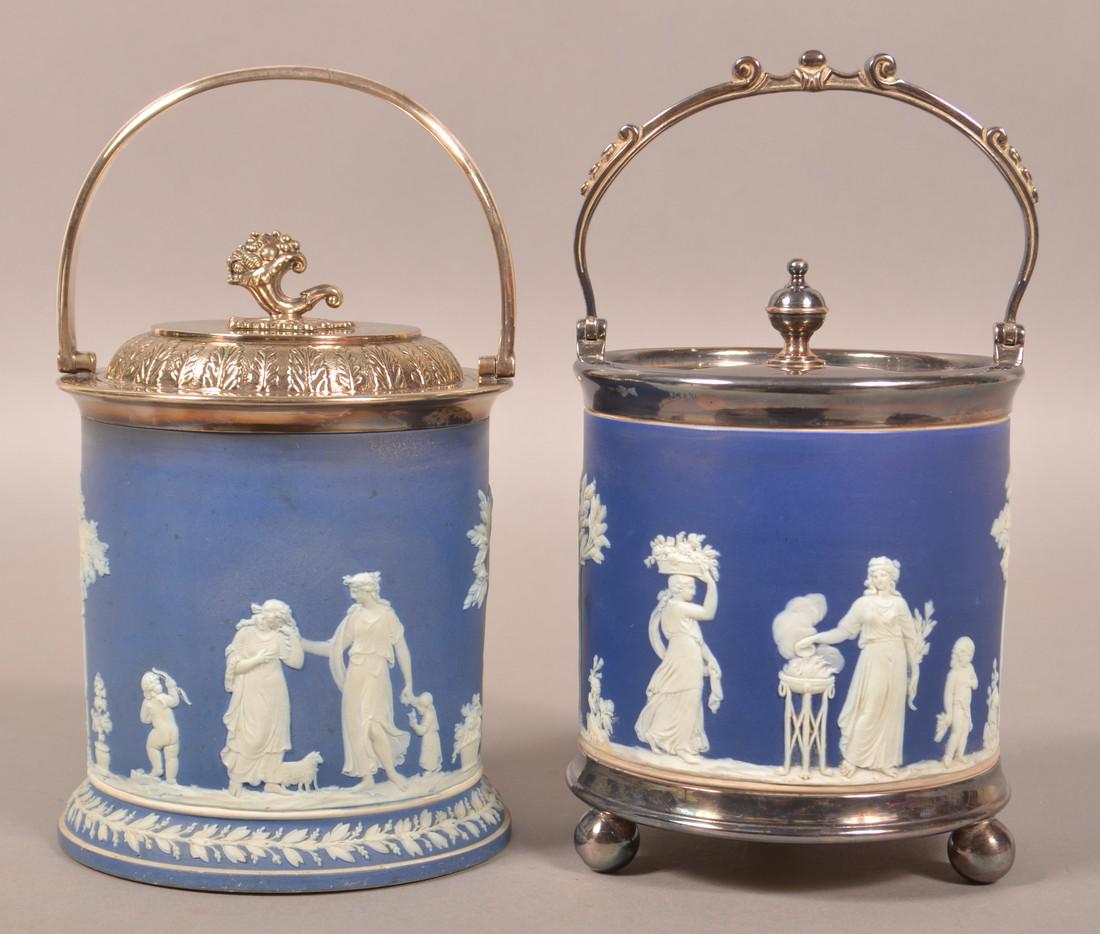 2 Wedgwood, England Blue Jasper Biscuit Jars.