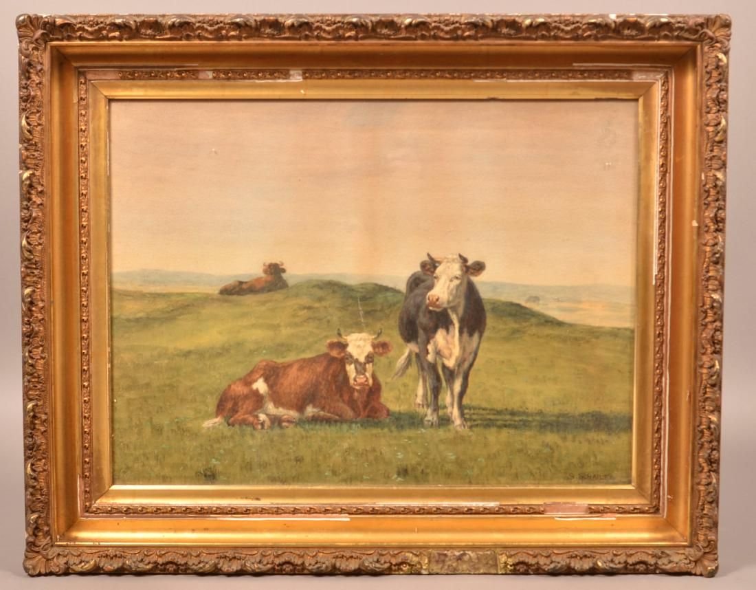 S.S. Bailey Cows in Pasture Watercolor Painting.
