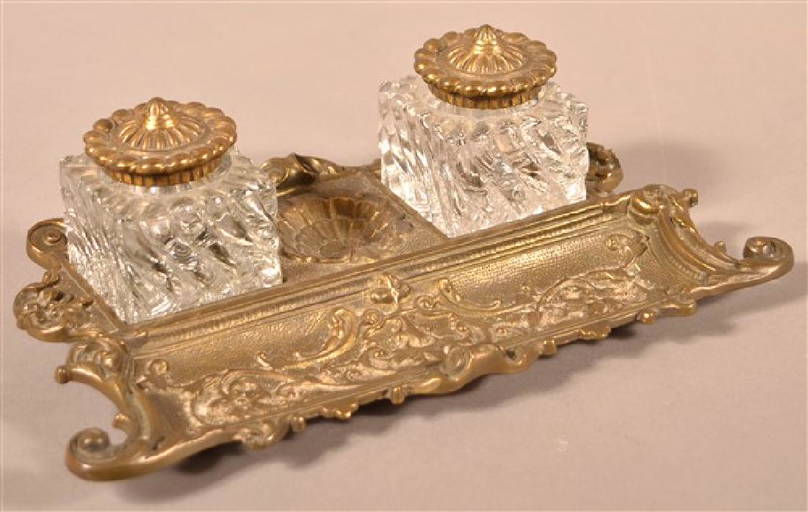 Antique Cast Iron Pen And Ink Stand. Brass Plated With