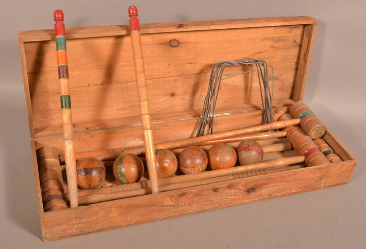 Antique Croquet Set In Original Wood Box.
