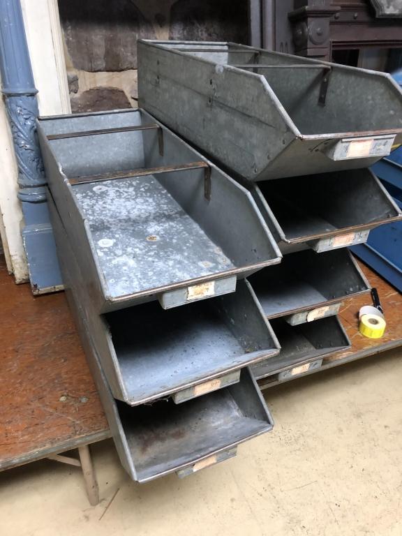7 Galvanized Vintage Stackable Parts Bins