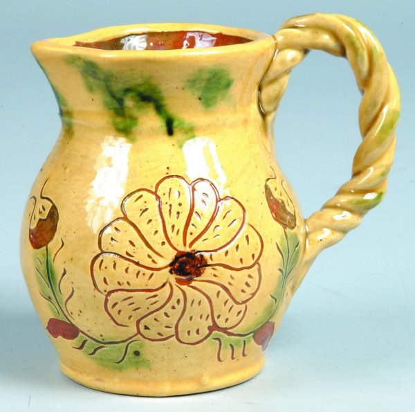 31: Breininger Pottery Scraffito Decorated Pitcher, bul