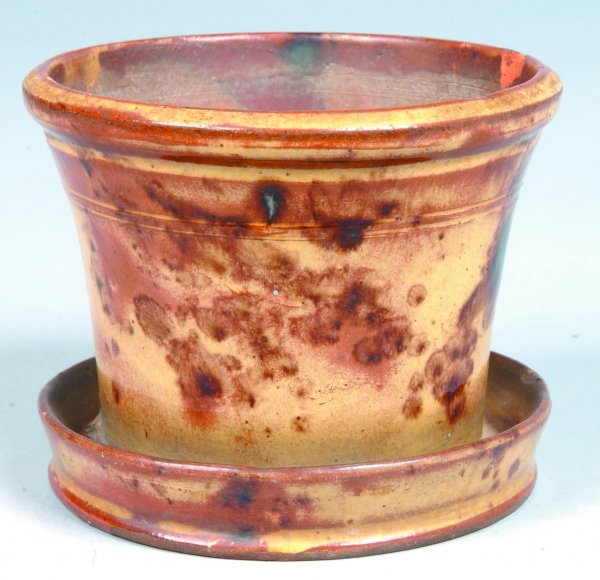 486: Redware Flower Pot with Drip Tray, round form, tap