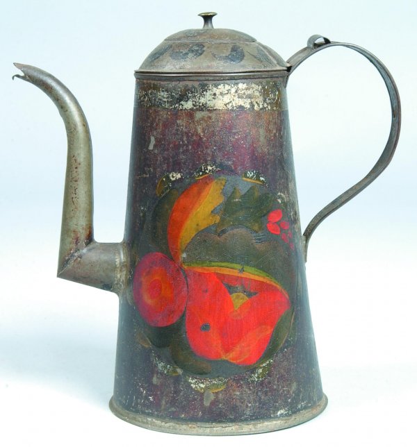 516: Toleware Gooseneck Coffee Pot, tapered cylinder fo