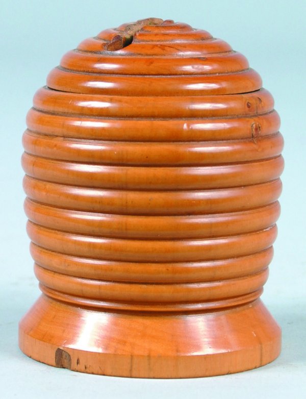355: English Treen Wooden Bee Hive Bank, features a thr