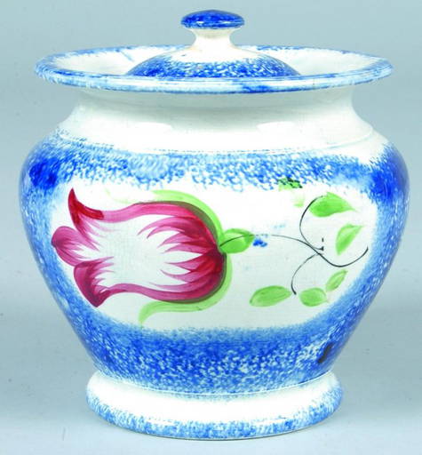 Blue Spatterware China Tulip Pattern Bulbous Form