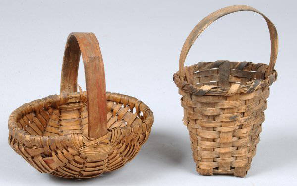 Two Small Woven Splint Baskets With Fixed Handles,