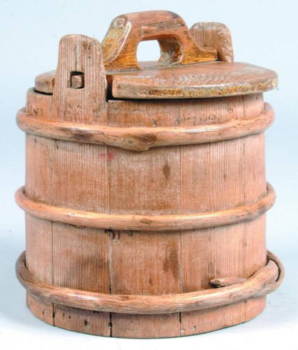 Pine Staved Covered Bucket With Three Bentwood Ban