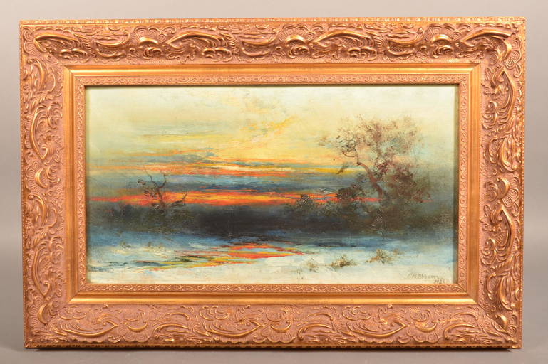 Christopher H. Shearer Winter Sunset Oil Painting.