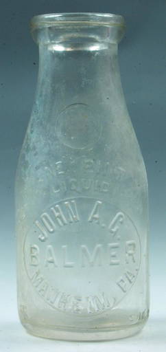 John A. G. Balmer, Manheim, Pa Milk Bottle