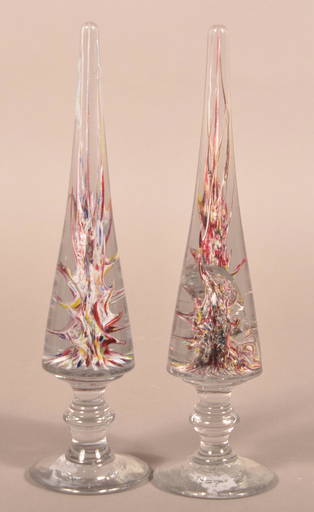Pair Devils Fire Glass Paperweight Mantel Ornaments.