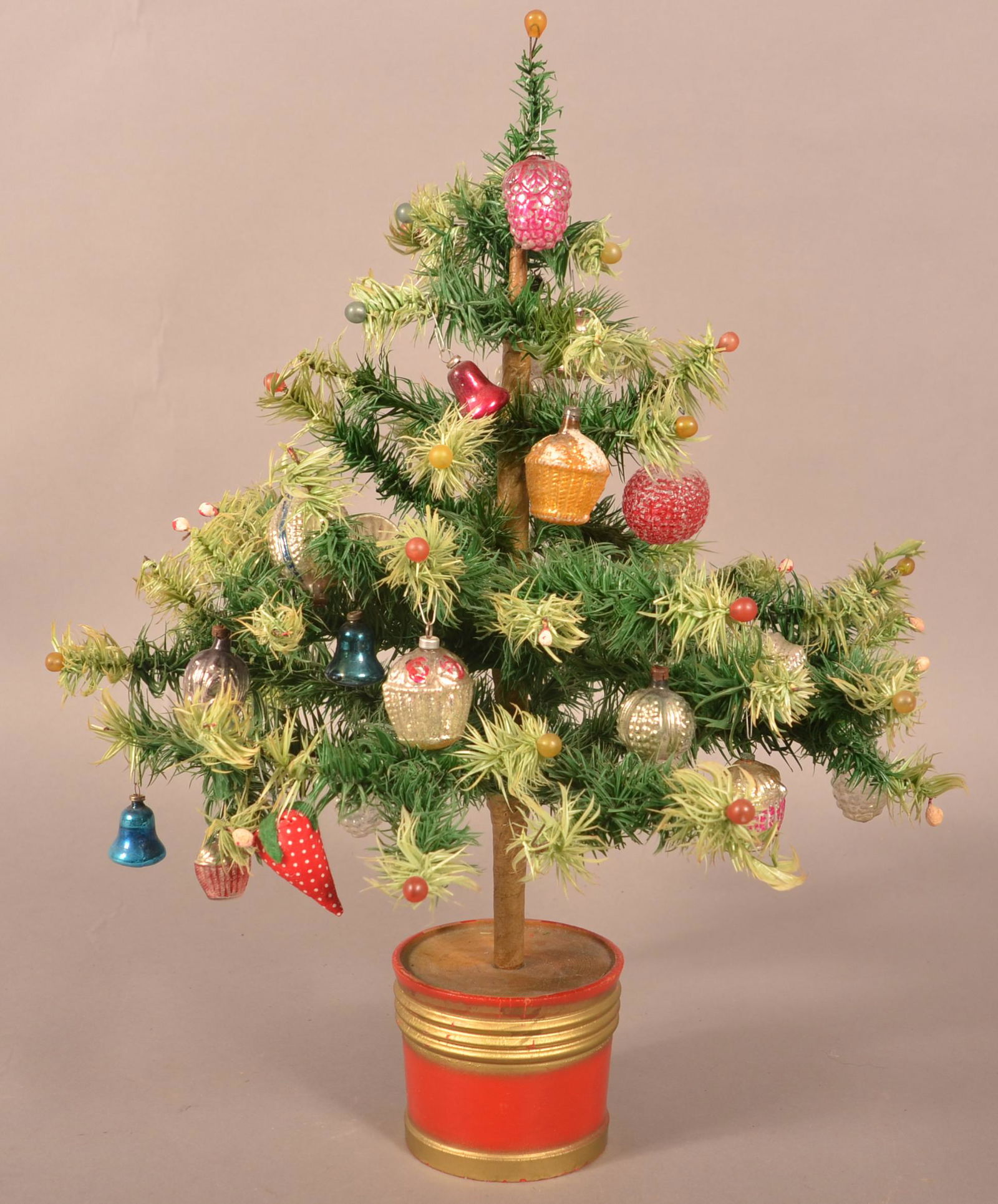 Vintage German Feather Tree With Ornaments.