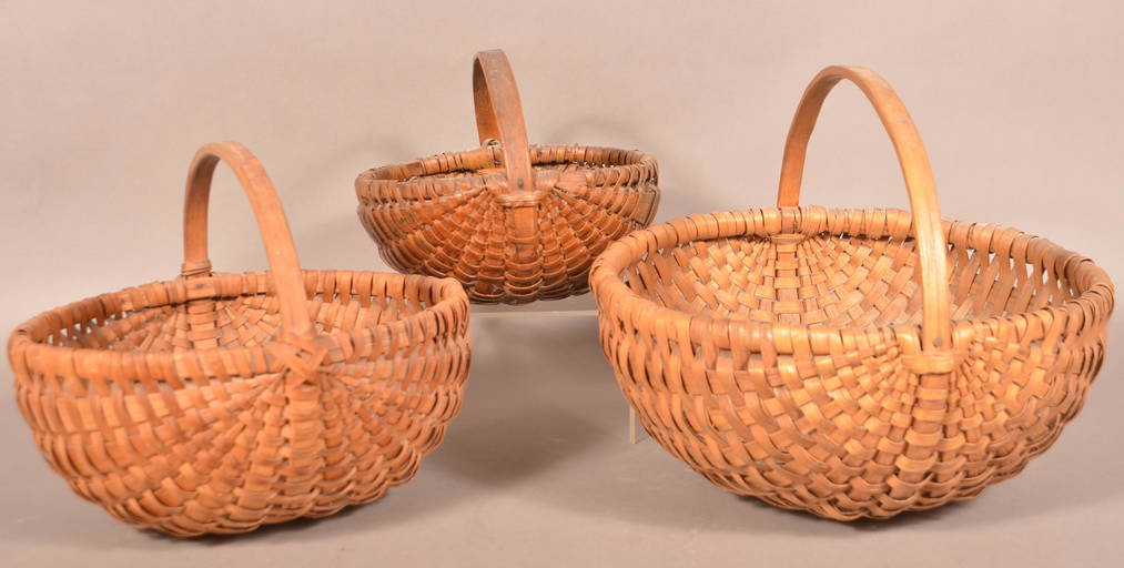 Three Antique Woven Oak Splint Field Baskets.