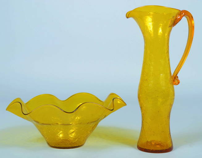 Two Pieces Jonquil Blenko Crackle Glass, Wavy Rim B