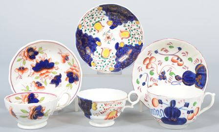 Three Various Gaudy Welsh China Tea Cups And Sauc