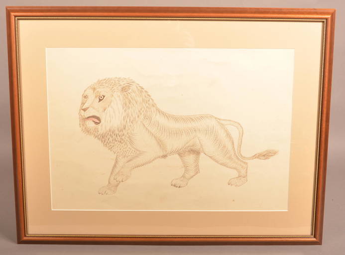 Large Antique Calligraphy Drawing Of A Lion.