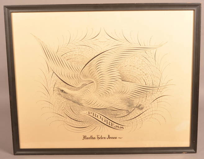 Large Antique Print Of An Eagle Calligraphy Drawing.