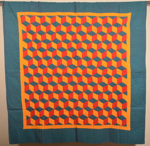 Antique Tumbling Blocks Pattern Patchwork Quilt.