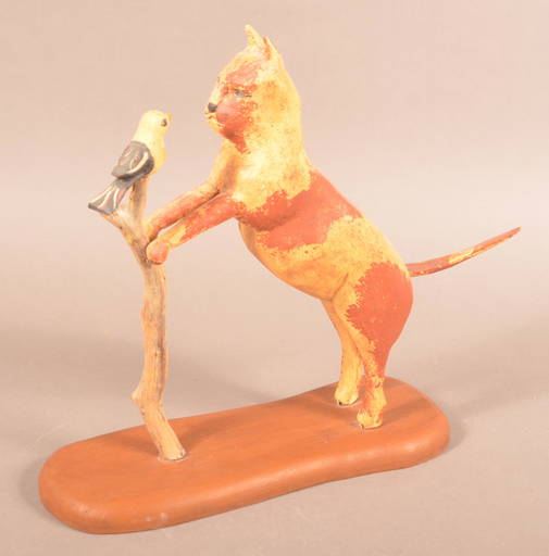 Walter & June Gottshall Folk Art Carving Of Cat & Bird