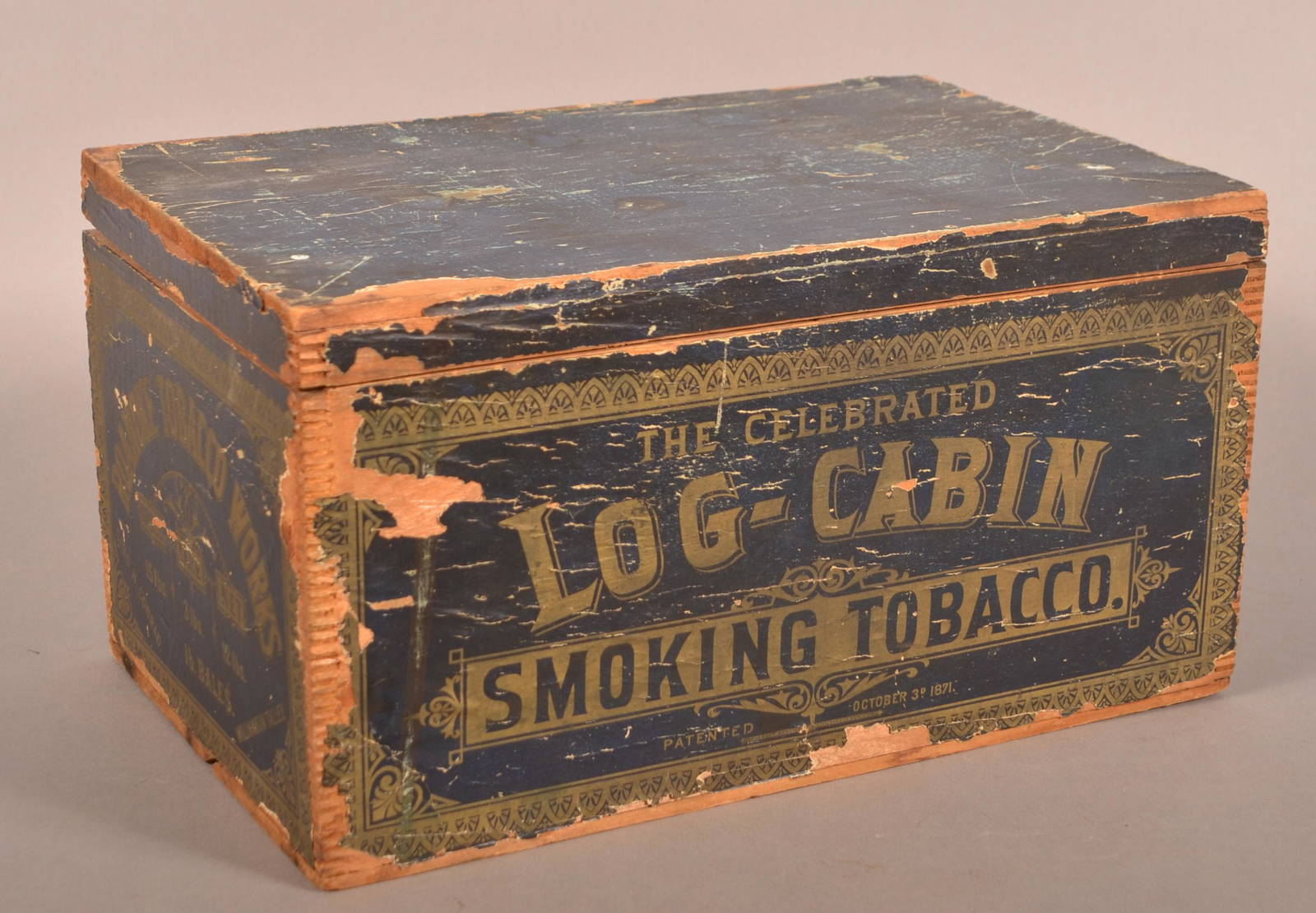 Paper Covered Wood Log Cabin Tobacco Box. Auction