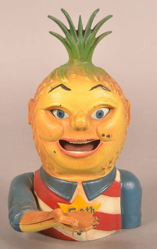 Cast Iron Penny Pineapple Mechanical Bank.