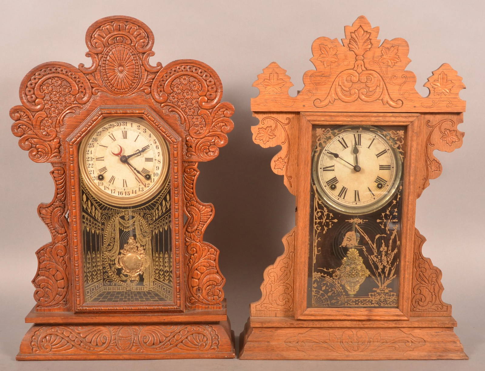 Two Pressed Oak Case Gingerbread Shelf Clocks. Auction