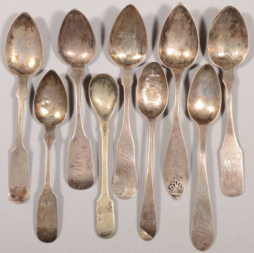 Nine Different Silver Teaspoons. 5" To 6"long. Mak
