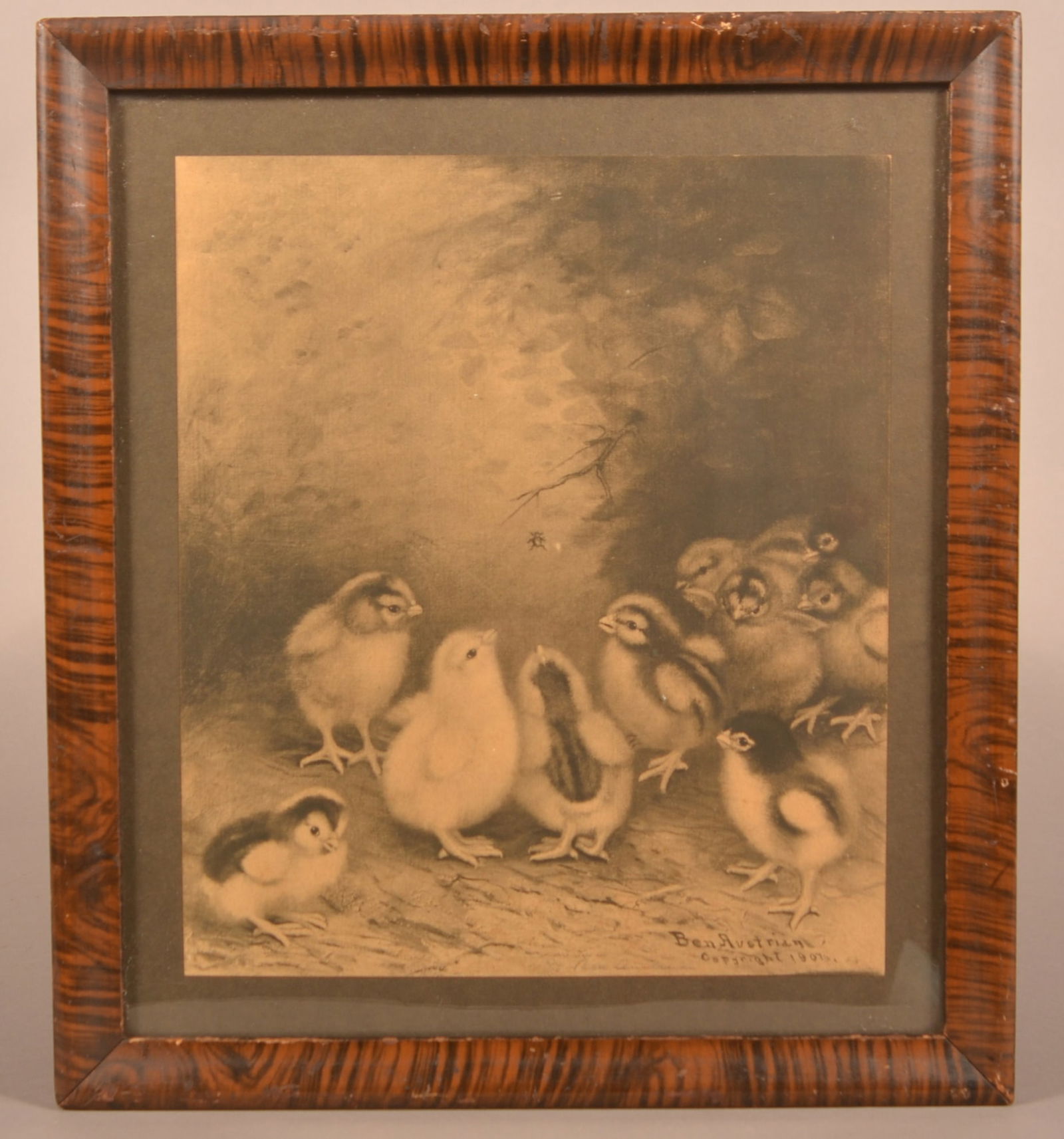 Ben Austrian Signed Sepia Print Ten Chicks & A Spider. Auction
