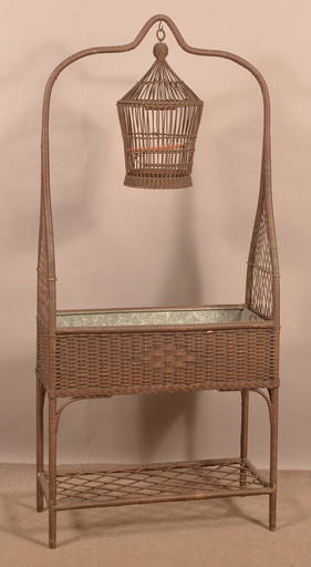 Brown Wicker Fernery With Birdcage Top.
