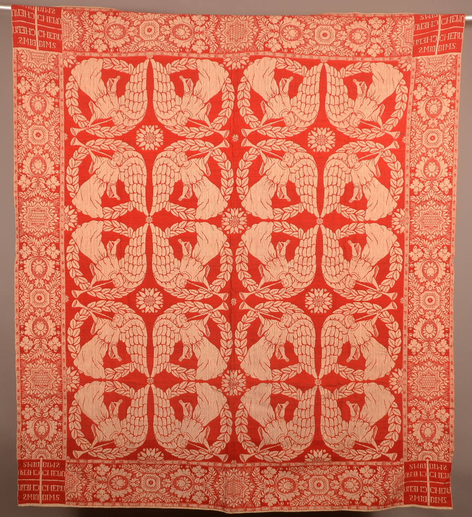 Antique Red And Neutral Cherubim Coverlet. Auction