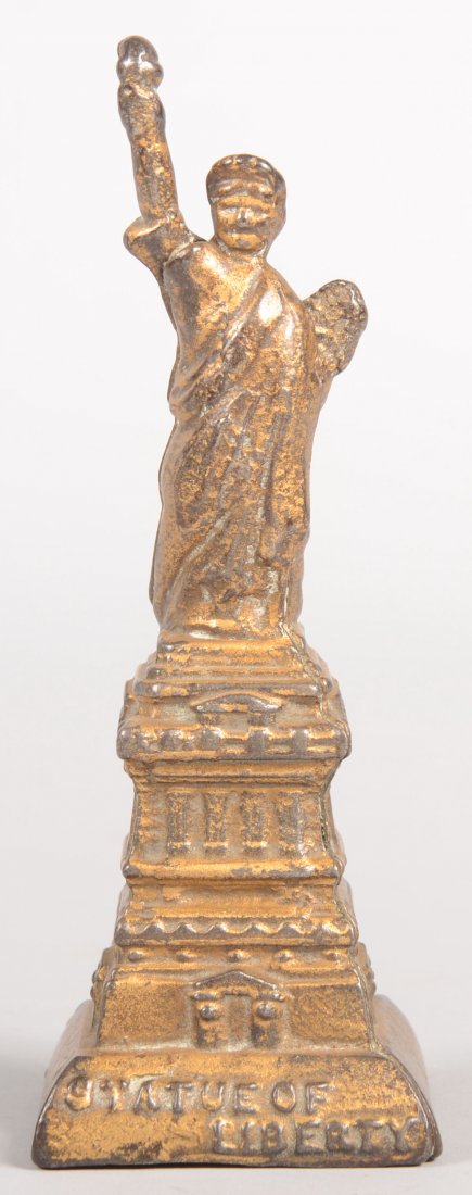 Cast Iron Statue Of Liberty Bank. Painted In Gold Pa
