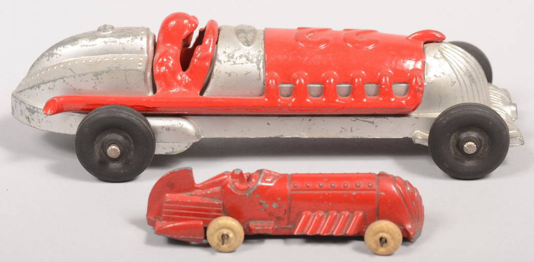 Two Hubley Race Cars. A Silver Pot Metal And Red Ca
