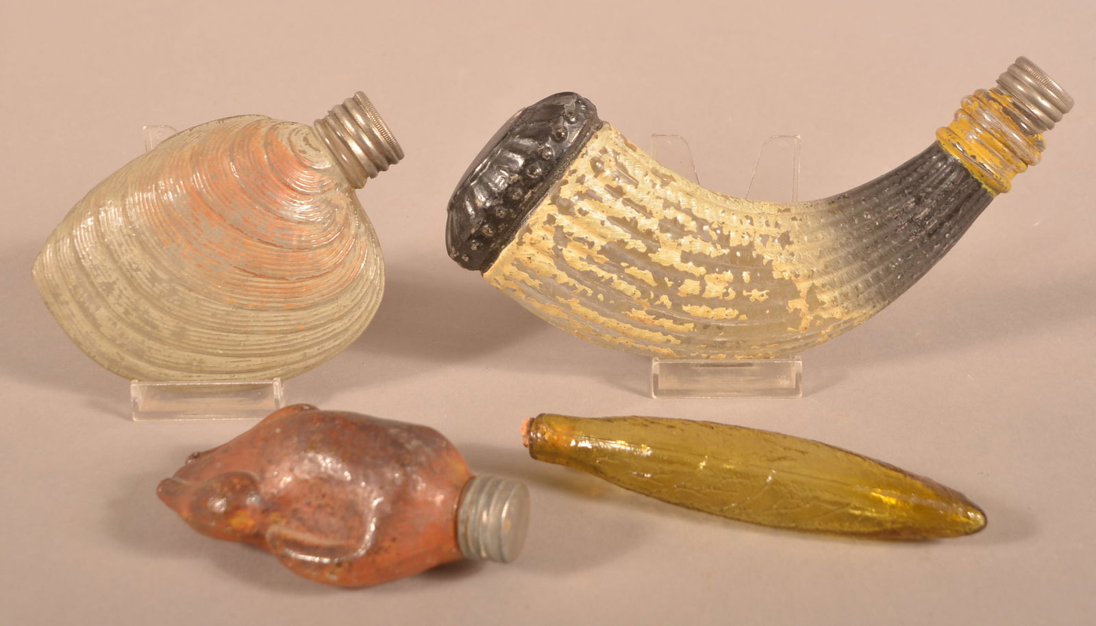 Four Antique Figural Glass Flasks. Auction