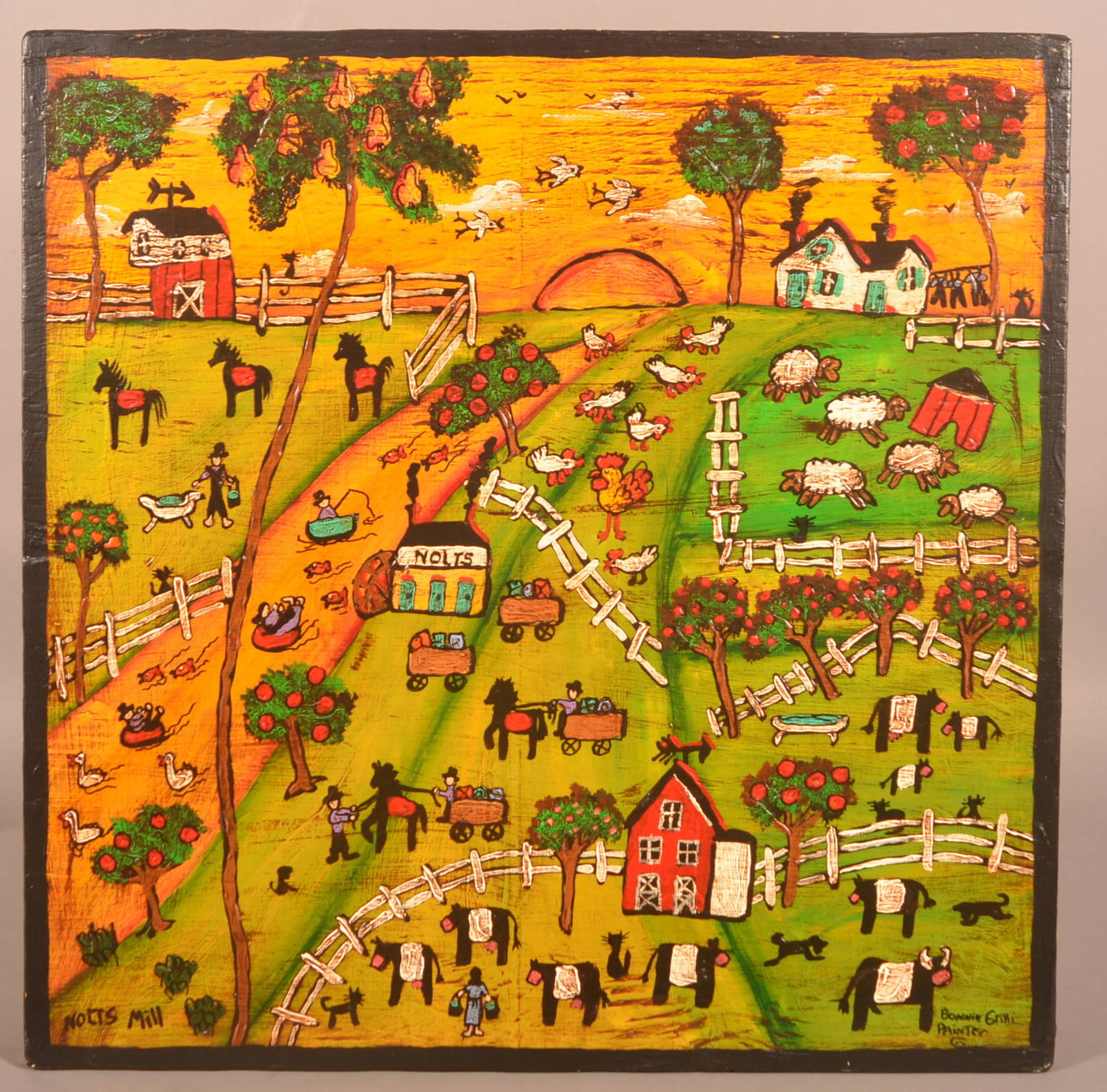 Bonnie Grilli Pa Folk Art Oil On Wood Panel. Auction