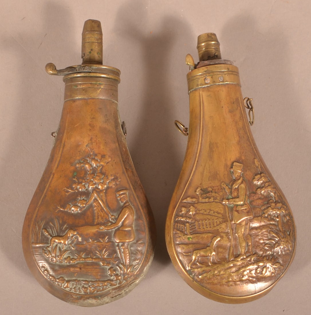 Two Brass Powder Flasks With Embossed Hunt Scenes Auction