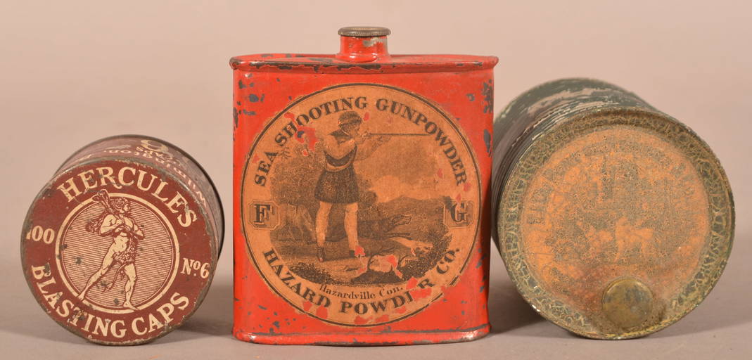 Two Antique Gun Powder Tins And Blasting Cap Tin.