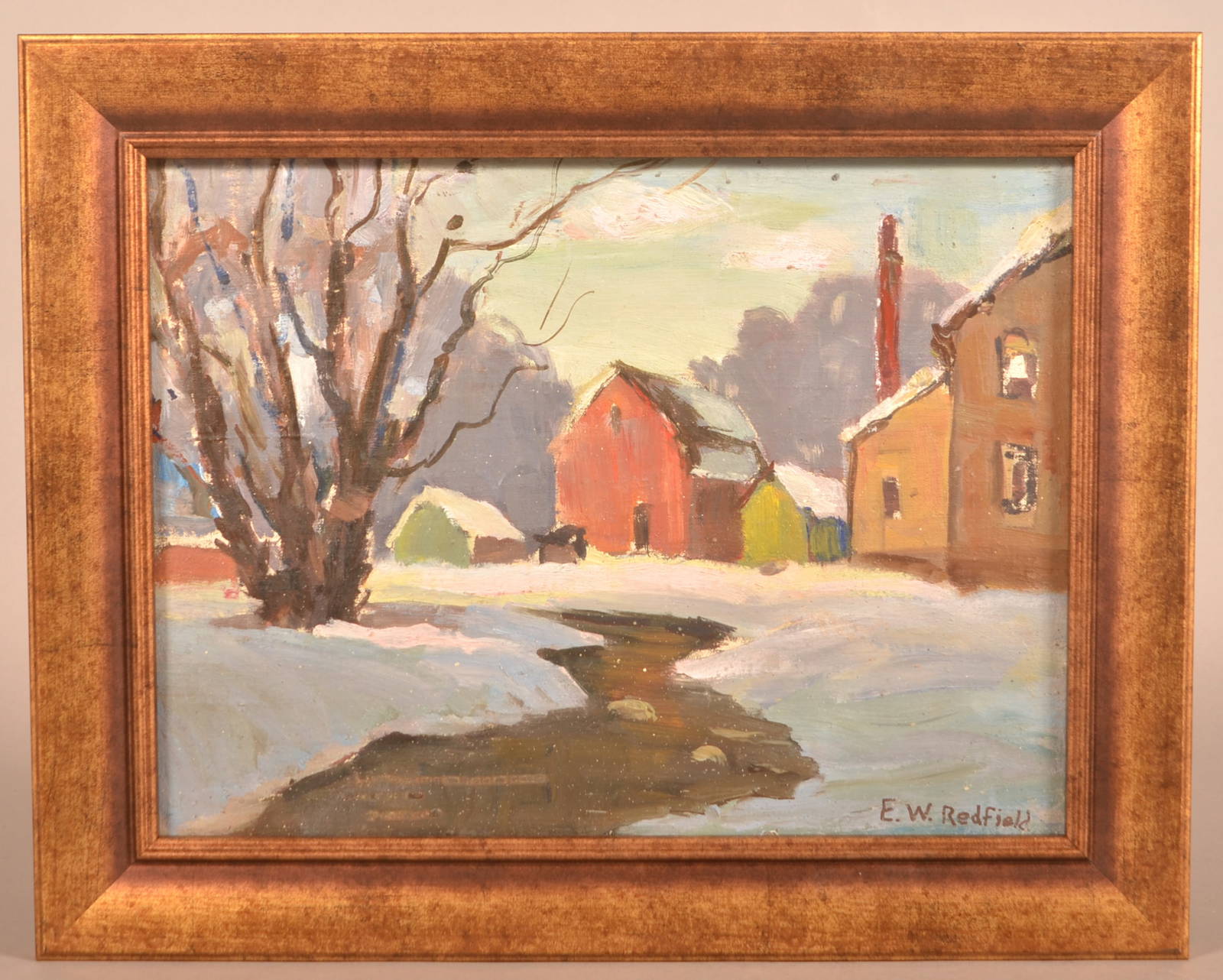 E.w. Redfield Winter Brook & Farmstead Painting. Auction